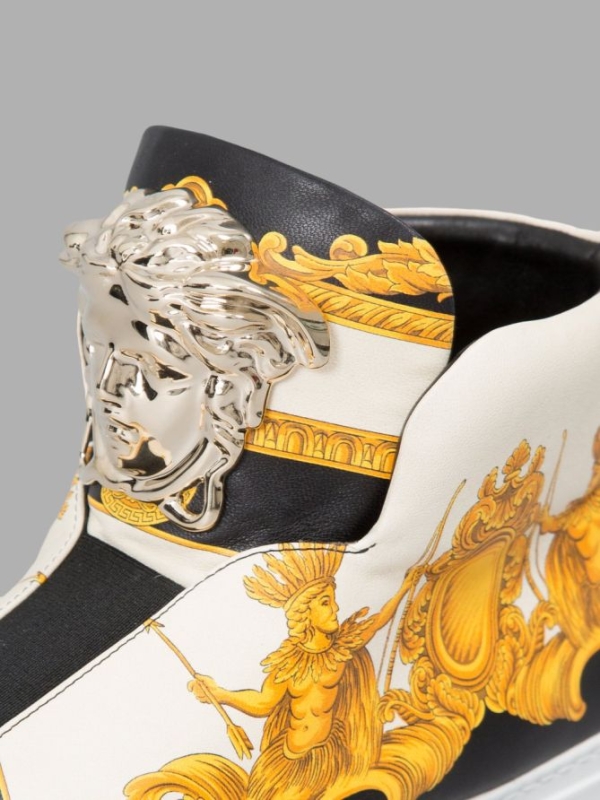 VERSACE WOMEN’S WHITE HIGH TOP SNEAKERS WITH ICONIC PRINT – Shoes Post