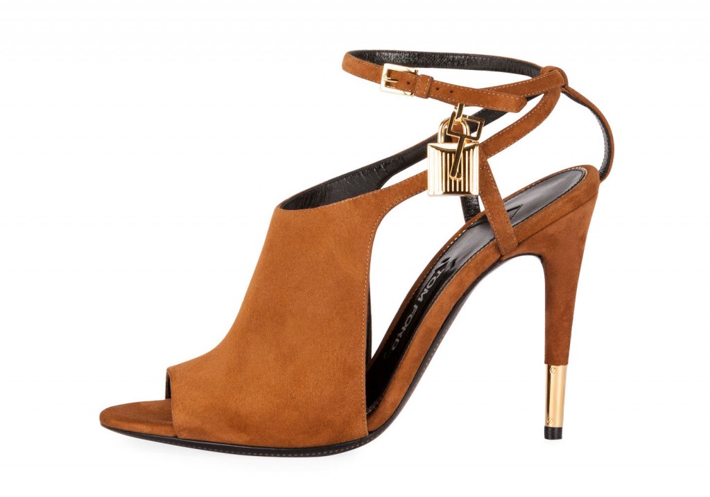 TOM FORD Lock Suede Open-Toe Ankle-Wrap Bootie, Biscuit – Shoes Post