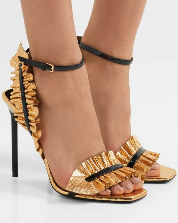 SAINT LAURENT Edie ruffled metallic snake-effect leather sandals ...