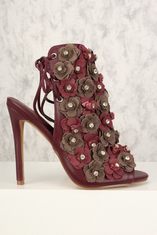 AMI Clubwear Sexy Wine Floral Detail Lace Up Back Single Sole High Heel ...