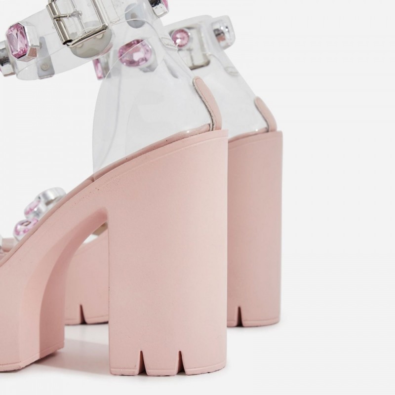 Shook Jewel Embellished Perspex Platform Cleated Sole Block Heel In ...