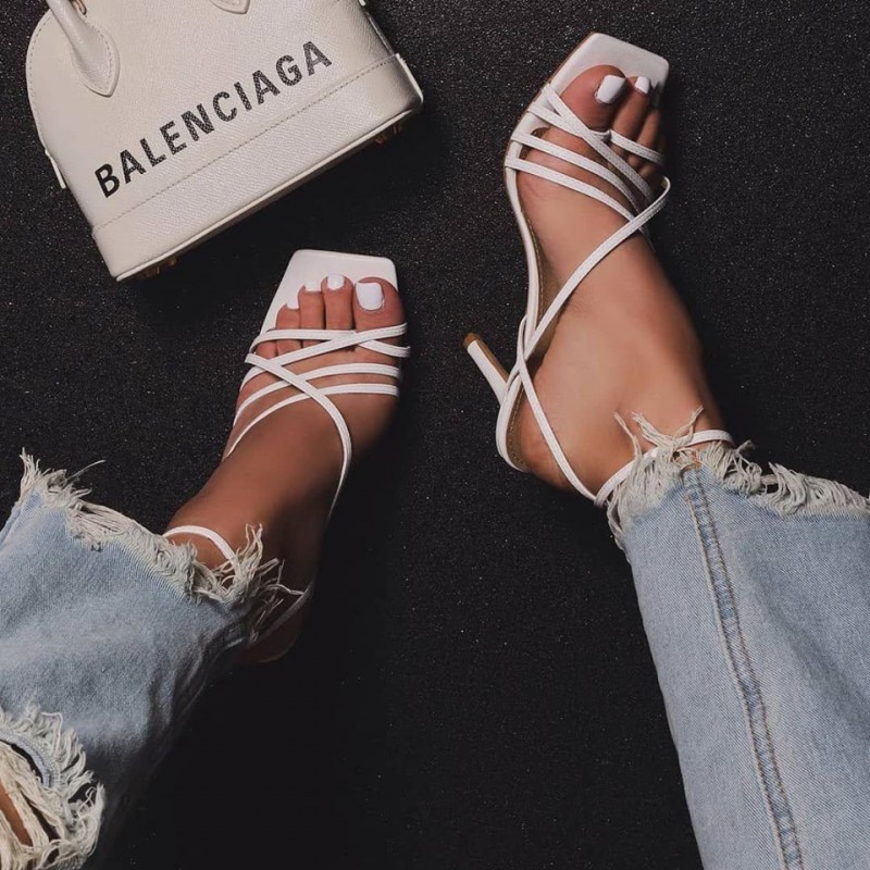 Shade Square Toe Strappy Kitten Heel In White Faux Leather – Shoes Post