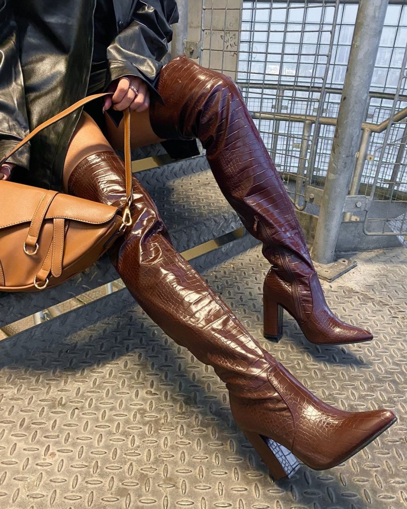 Kansas Block Heel Over The Knee Thigh High Long Boot In Brown Croc ...