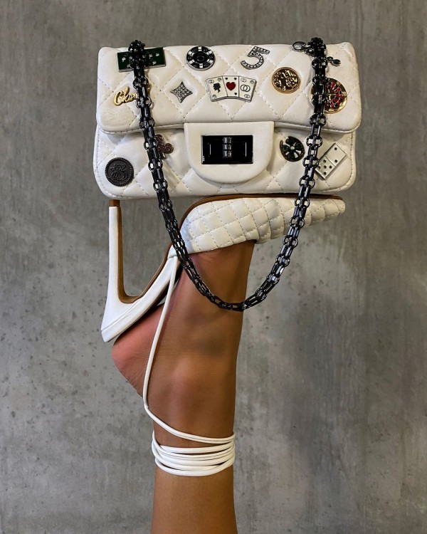 Lifted Lace Up Quilted Pointed Toe Court Heel In White Faux Leather ...