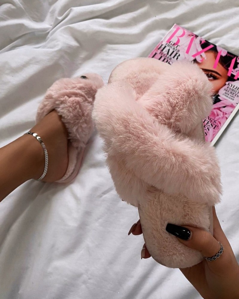 Indulge Fluffy Cross Over Slipper In Pink Faux Fur – Shoes Post