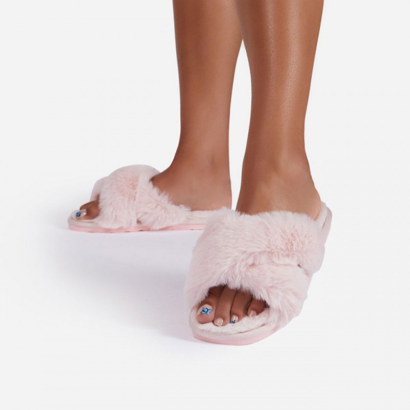 Indulge Fluffy Cross Over Slipper In Pink Faux Fur – Shoes Post