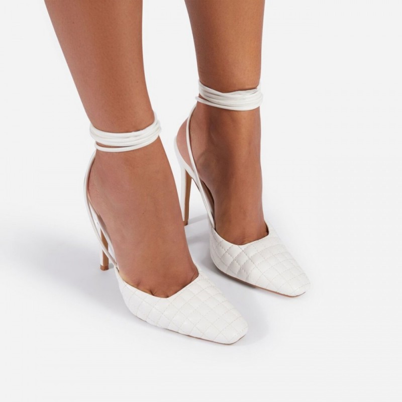 Lifted Lace Up Quilted Pointed Toe Court Heel In White Faux Leather ...