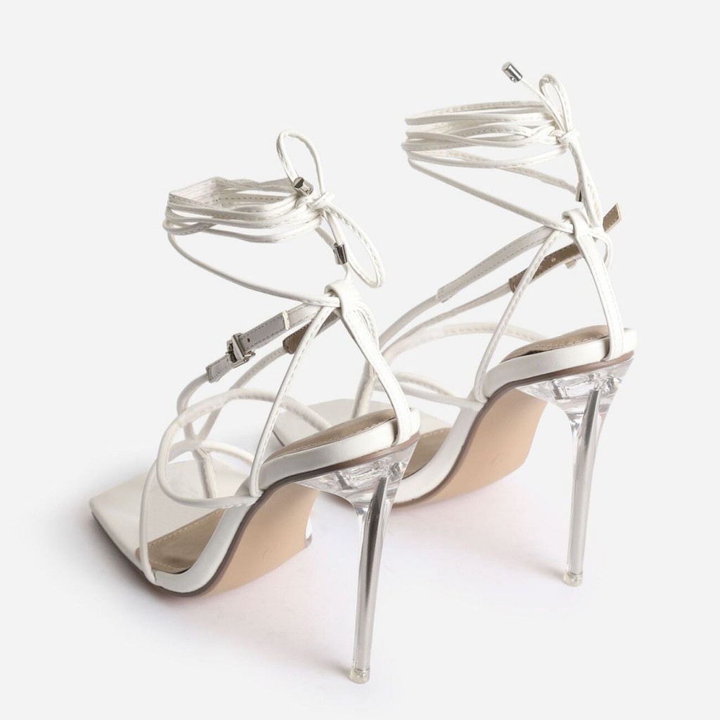 True Square Toe Lace Up Clear Perspex Heel In White Faux Leather ...