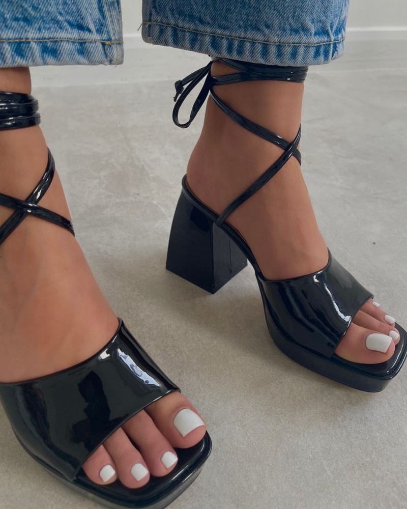 Dreamer Lace Up Square Toe Platform Flared Block Heel In Black Patent ...